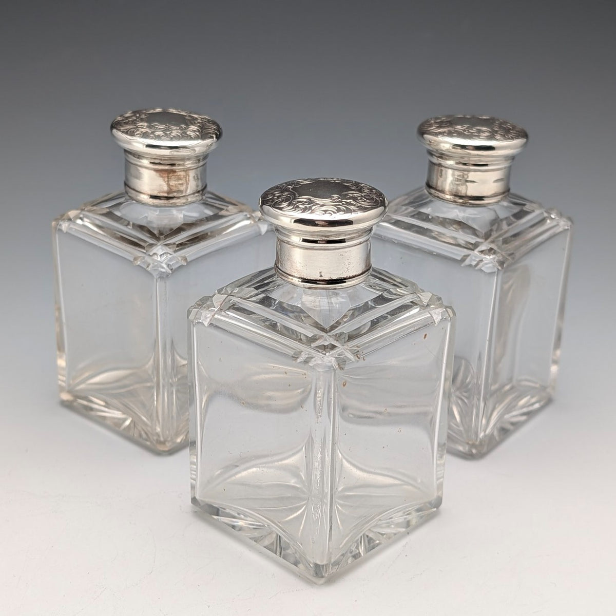 1867 British antique silver-capped glass bottles, set of three, James ...